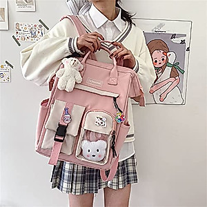 Kawaii Big Capacity Backpack with Kawaii Pin and Accessories, Cute Aesthetic Backpack Teen Girls Backpacks for School (Pink)