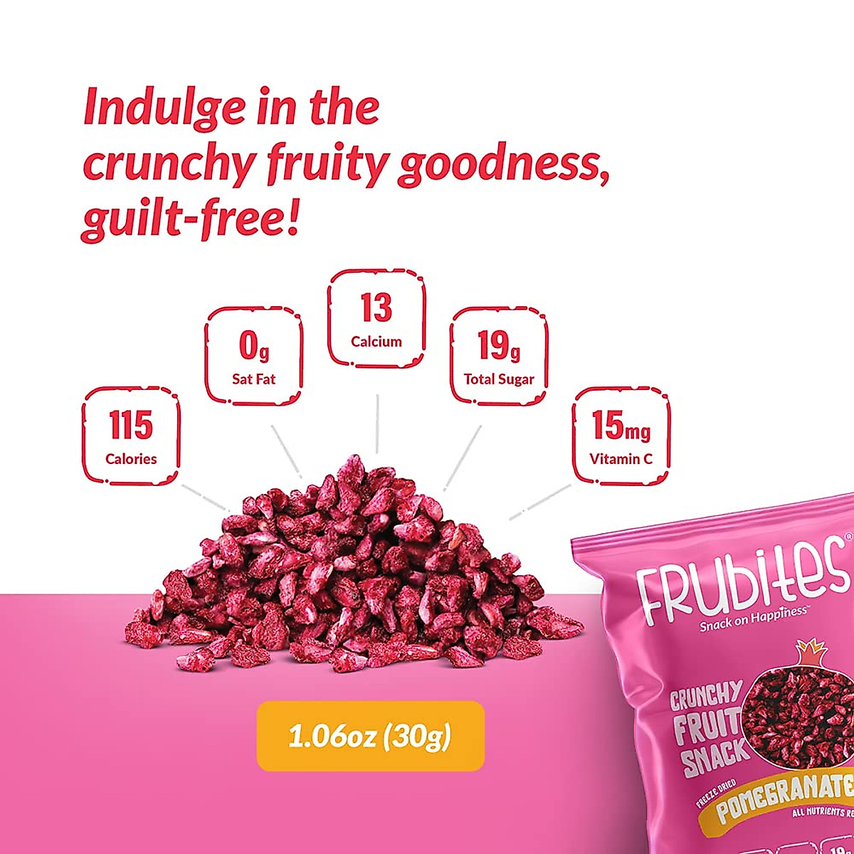 Frubites Pomegranate - Freeze Dried Fruit Snack (Pack of 5, 100 grams), Crispy, Crunchy Pomegranate Snack. No added sugar, Vegan, Gluten-Free Snacks for Kids and Adults