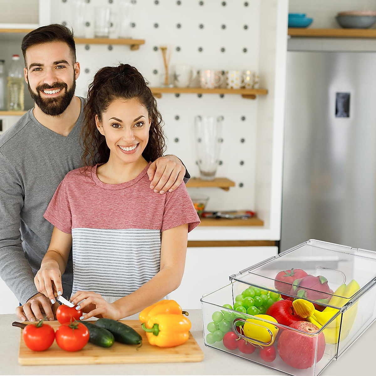 Decorelement Extra Large Refrigerator Organizer Bins with Pull-out Drawer, Stackable Clear Bins with 3 Dividers, Pantry Organization and Food Storage