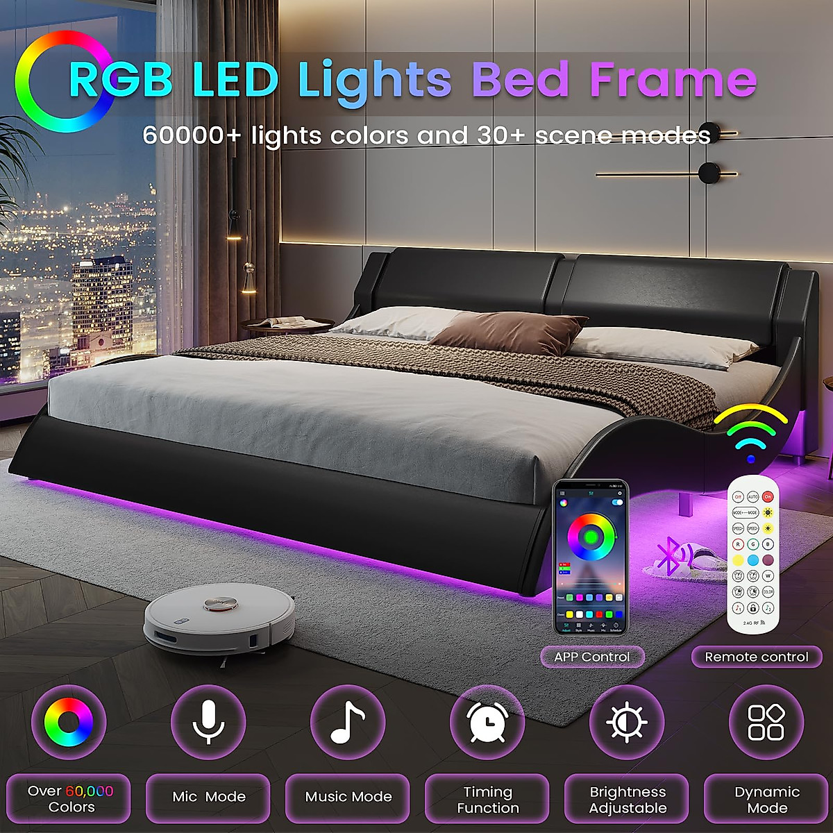 DICTAC King Led Bed Frame Modern Faux Leather Low Profile Platform Bed Frame King Size with RGB LED Lights and Headboard Wave Like Curve King Bed Frame,Wood Slats Support,Easy Assembly,Black