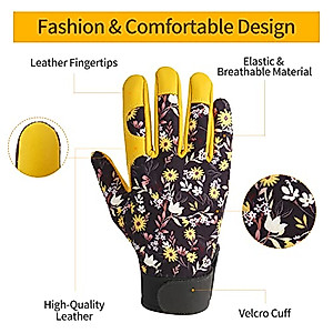 Norala Gardening Gloves for Women,Breathable Leather Daisy Flower Work Gloves with Velcro Cuff Thorn Proof Gloves for Yard/Garden
