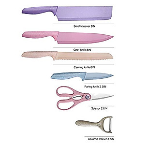 Colorful Knife Set for 6 Pieces, High Carbon Steel Kitchen Knife Set, Environmental Wheat Straw Material Handle, Sharp All-purpose Professional Chef Knife with Gift Box YIPFUNG