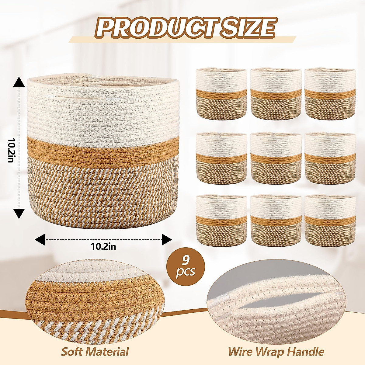 Thyle 9 Pcs Woven Cotton Rope Basket Bulk Storage Cubes Baskets Bins with Handles 10.2 x 10.2 x 10.2'' Round Organizer Bins Cute Toy Basket for Cube Storage Organizer Shelves Clothes Towels