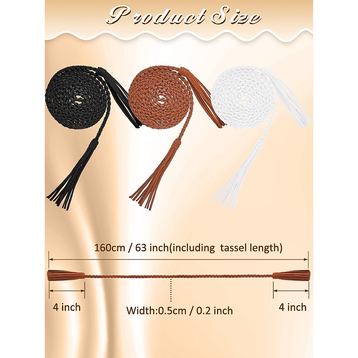 Geyoga 6 Pieces Women's Waist Belt Braided Woven Tassels Chain Belt PU Leather Rope Belt Skinny Tie Belt Boho Fringe Belt for Skirt Dress