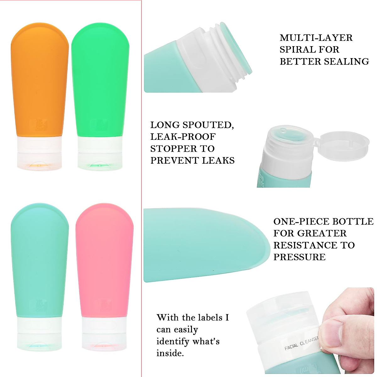 JIPITIMI TSA Approved Travel Bottles for Toiletries, Silicone Leak-Proof Travel Size Bottle for Shampoo, Conditioner 3oz, Refillable Cosmetic Container Kits