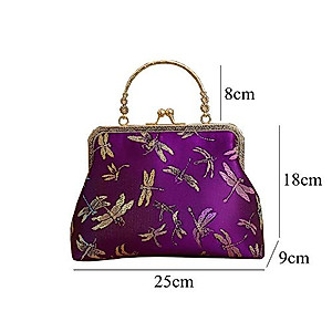 Handmade Retro Floral Print Satin Clutch Bag Vintage Women Dress Evening Wedding Clasp Frame Purse Top Handle Party Handbag (Purple Fly Print)