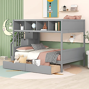 Harper & Bright Designs Bunk Bed Twin Over Full with Storage Staircase and 2 Drawers, Wooden Bunk Bed Frame with 4 Storage Shelves for Kids Boys Girls Teens, No Box Spring Need (Gray)