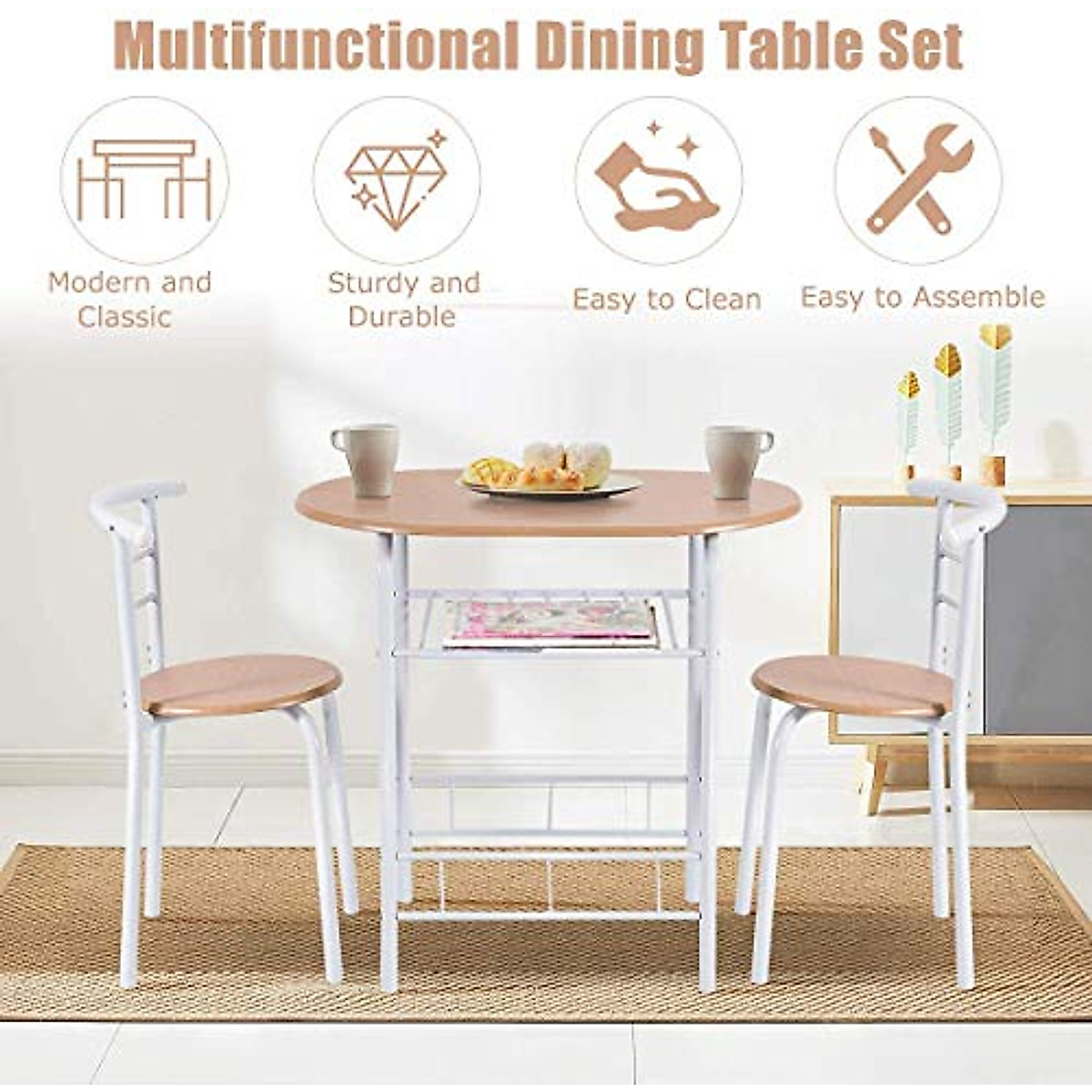 FANTASK 3 Pieces Dining Set, Breakfast Table Set w/Metal Frame and Storage Shelf, Compact Table and 2 Chairs Set for Home Bistro Pub Apartment Kitchen Dining Room Cafe