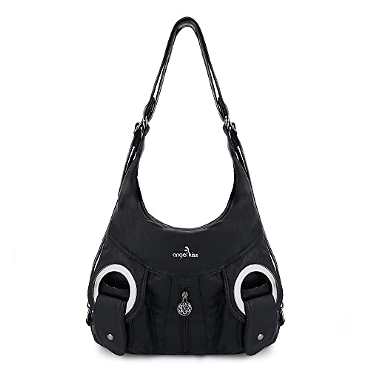 Angel Kiss Purses and Handbags Multi-Pocket Roomy Ladies Shoulder Hobo Bag Satchel Tote Washed Black Leather Purses for Women