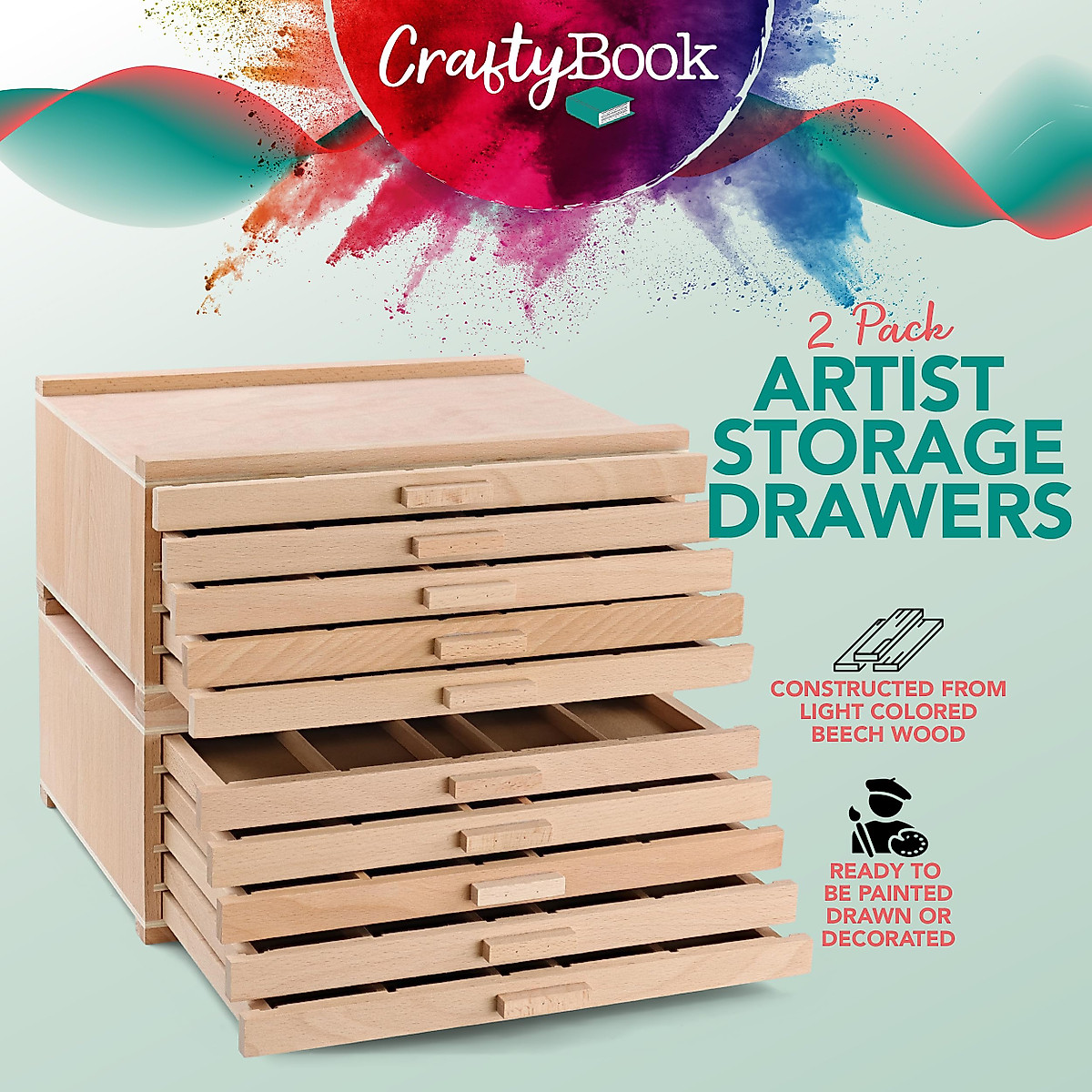 CraftyBook Artist Storage Drawers 2 Pack - 5 Drawer Art Supplies Chest Artist Organizer - Beech Wood Sketch Drawing Supply Storage Box with Removeable Dividers for Pencils, Pens, Paints, and Pastels