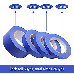 BOMEI PACK 4 Pack Blue Painters Tape, 1/2" 3/4" 1” 2” x 60yds, Multi Size Painting Masking Tape, Clean Release Paper Tape for Home and Office