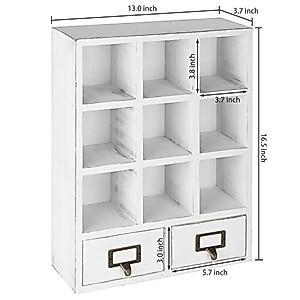 MyGift Wall-Mounted Wood Shadow Box Shelf - Vintage White Wooden Table Top Display Organizer with 2 Pull Out Drawers