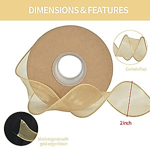 TONIFUL 1-1/2 Inch Wide Gold Wired Chiffon Ribbon Sheer Organza Ribbons for Crafts Floral Bouquets Wedding New Year Eve Party Decorations Valentine's Day Gift Wrapping Bow Making Tree Wreaths (10yd)