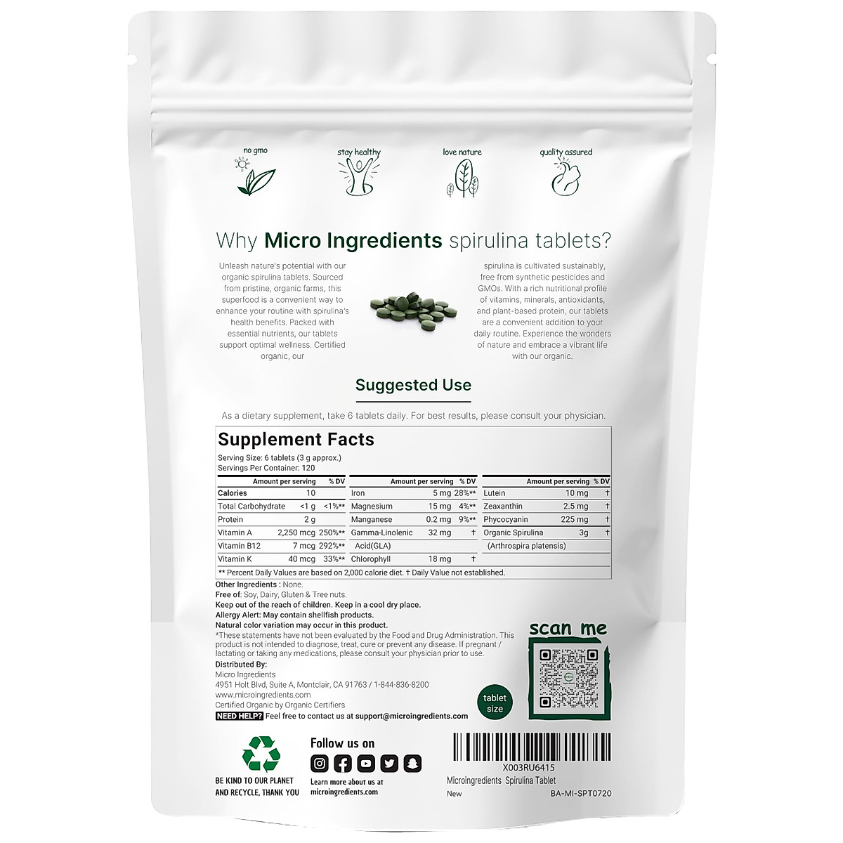 Micro Ingredients Organic Spirulina Supplement, 3000MG Per Serving, 720 Tablets (4 Month Supply), No Filler & Non-GMO, Rich in Vegan Protein, Vitamins & Prebiotics, Premium Spirulina Pills