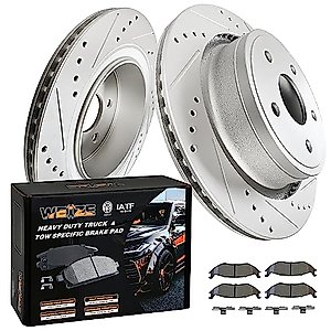 WEIZE Rear Truck & Tow Brake Kit, Carbon Fiber Ceramic Brake Pads & Drilled/Slotted Brake Rotors, Fit for Dodge Ram 1500 Durango Aspen, 13.86" 5 Lug Rear Brake Discs