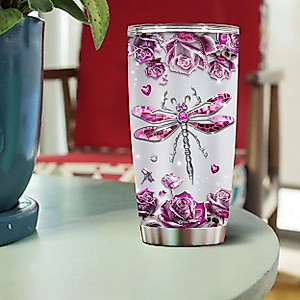 WONWIX Personalized Dragonfly Coffee Mug Cups Gifts For Women Unique Mom, Purple Dragonflies Water Bottle Mothers Day Birthday Christmas Valentine 20oz Stainless Steel Thermos Tumbler Cup With Lid