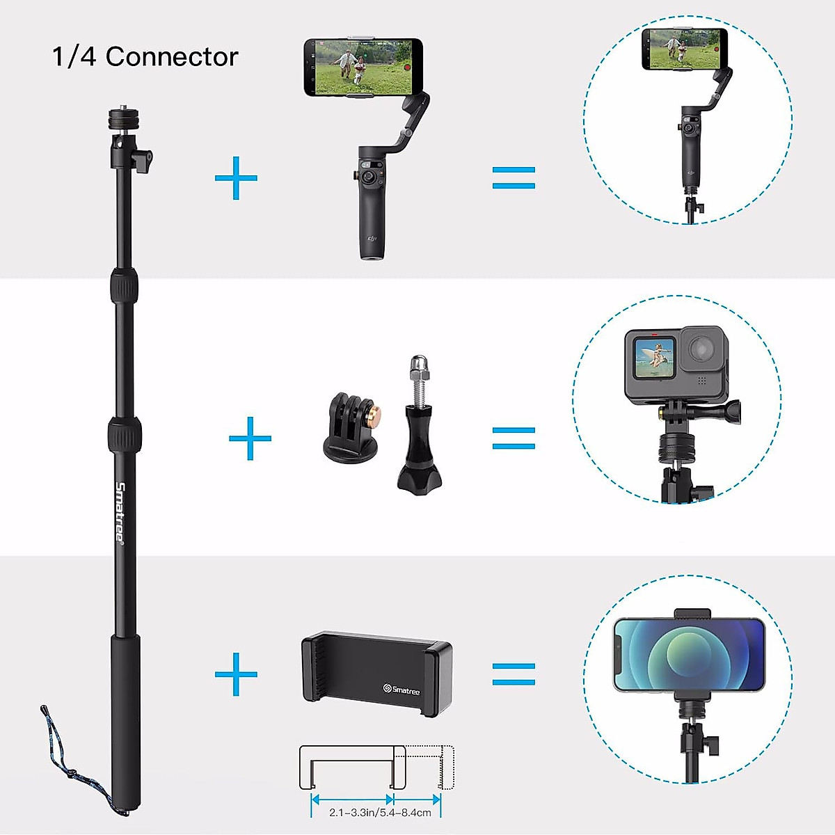 Smatree SmaPole DS1S Extendable Stick Compatible for DJI OM 4 SE/DJI OM 5/DJI OM6/DJI OSMO Action 2/DJI OSMO Action 3/G*Pro 12/11/10/Max/9/8/Cell Phone