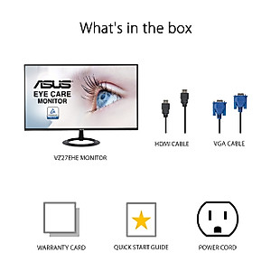 ASUS 27” 1080P Monitor (VZ27EHE) - Full HD, IPS, 75Hz, 1ms, Adaptive-Sync/FreeSync, Low Blue Light, Flicker Free, Ultra-Slim, VESA Mountable, Frameless, HDMI, VGA (Renewed)