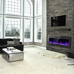 GMHome 80 Inches Wall Recessed Electric Fireplace Wall Mounted in-Wall Built Heater, Log Sets & Crystals, 9 Changeable Colors, with Remote, 1500W Fireplace, Black