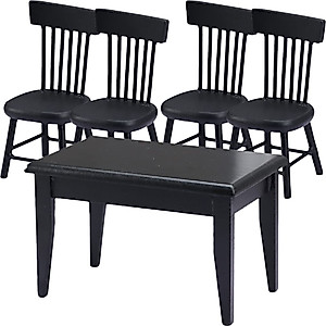 Black Chairs 5Pcs Miniature Table and Chairs, Mini Dining Table Set for 4, Doll House Black Wooden Table Chairs Miniature Furniture and Accessories Furniture