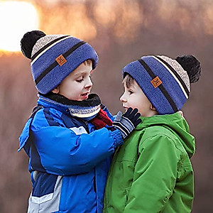 Fancosni Winter Gloves Beanie and Hat for Kids Set, Toddler Winter Hat for Children Boys and Girls 2 3 4 5 6 Age, Scarf Neck Warmer, Touch Screen Gloves Beanie Cap for Cold Winter, 3pcs Blue