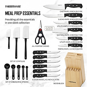 Farberware 22-Piece Never Needs Sharpening Triple Rivet High-Carbon Stainless Steel Knife Block and Kitchen Tool Set, Black
