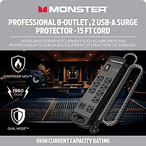 Monster Pro MI Professional Surge Protector Power Strip with Fireproof MOV Technology for Computers, Amplifiers, Pedal Boards, and Pro Audio Gear - 1960 Joule, 15 ft Cord, 8 Outlet, 2 USB
