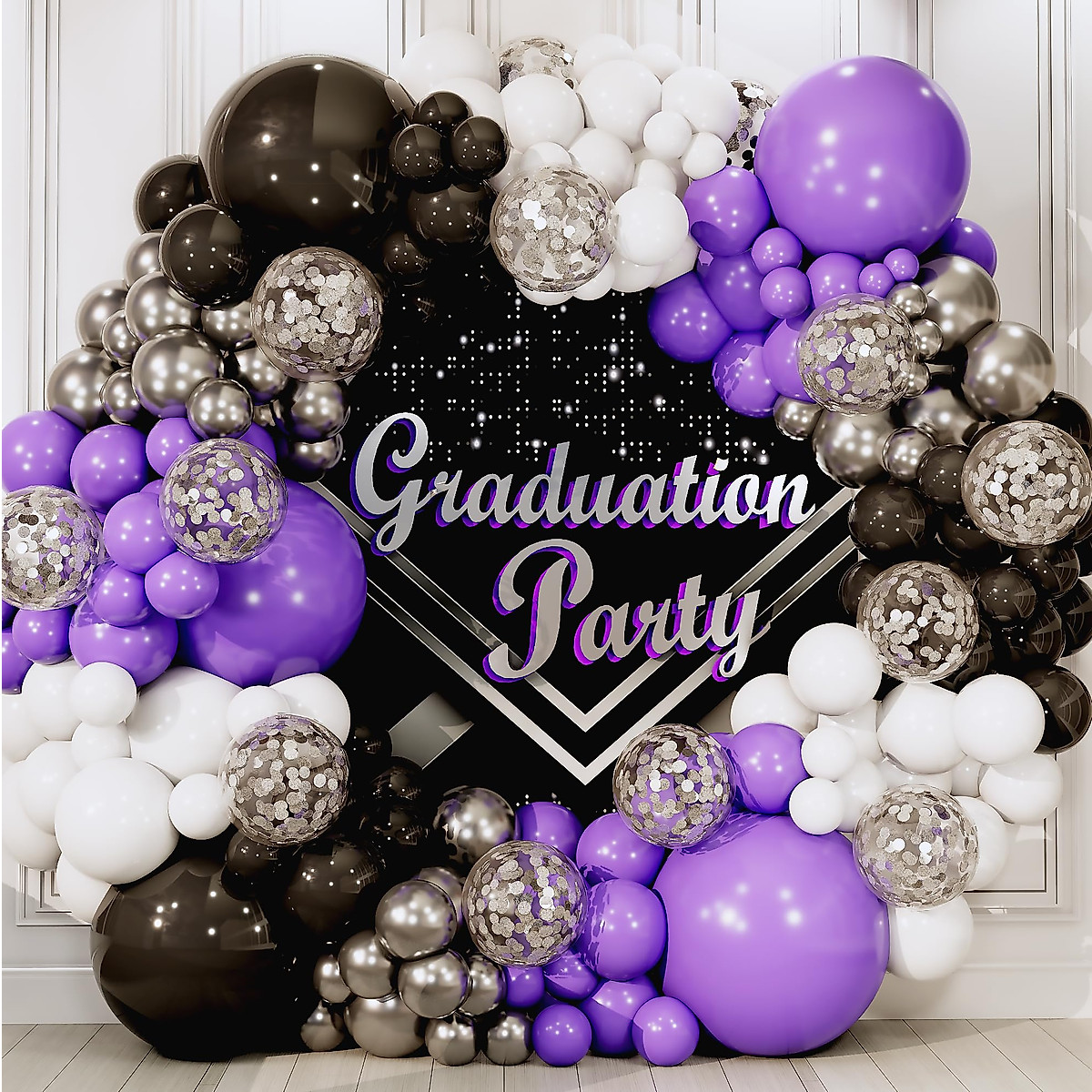 ALL-IN-1 Purple and Black White Balloons Garland & Arch Kit – Small and Large White Purple and Black Balloons – Party Decorations for Graduations, Birthdays, Retirement, Halloween – Wednesday