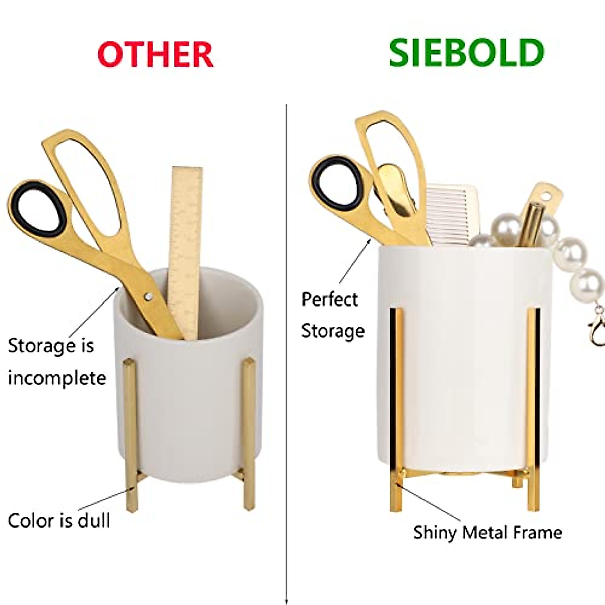 SIEBOLD 2pcs Sturdy Cutlery Holder White Ceramic With Metal Bracket Robust Silverware Caddy For Countertop - Spoon Holder Silverware Caddy(5.9 - 3.9inch) Gold