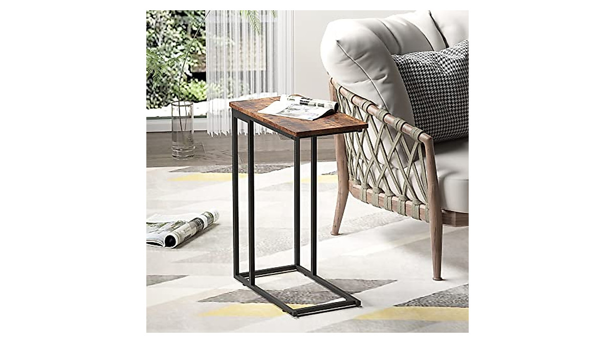 Yusong Small C Shaped End Table - Slim, Easy Assembly & Rustic Brown