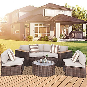 Incbruce Outdoor Half Moon Patio Furniture 5-Piece Curved Outdoor Sofa, All-Weather Outdoor Sectional Furniture Patio Conversation Sets with Round Tempered Glass Top Table(Brown Cushions)