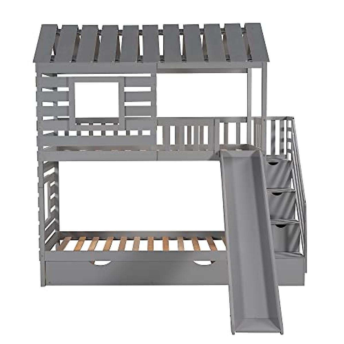 POCIYIHOME Twin Over Twin House Bunk Bed with Trundle and Slide & Storage Staircase, Roof Design with Window for Kids,Teens,Girls,Boys Bedroom, Space-Saving Design, No Box Spring Needed, Gray