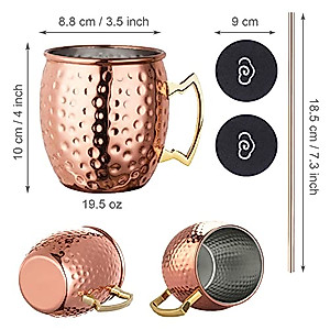 LIVEHITOP Moscow Mule Copper Mugs Set of 2, Copper Cups 19.5 Oz Cocktail Kit with Straw Coaster for Wine, Beer, Cold Drink, Bar, Party, Gifts