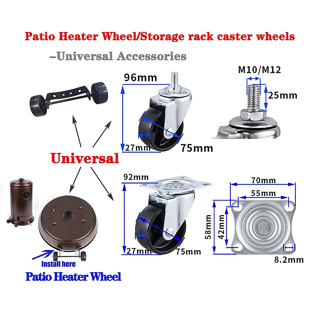 3 inch Universal Patio Heater Wheels /Storage rack caster wheels Universal Accessories - Easy to Move/Install-Gas Patio Heater Replacement Universal Movable Wheel,Outdoor Umbrella Gas Heater Wheel Kit