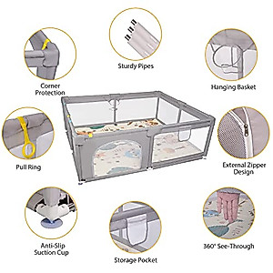 COLOR TREE Baby Playpen with Mat, 71”x59” Extra Large Playpen for Babies and Toddlers, BPA-Free Baby Playard with 50 Ocean Balls, Basket, Anti-Slip Base, Breathable Mesh, Kids Activity Center Gray