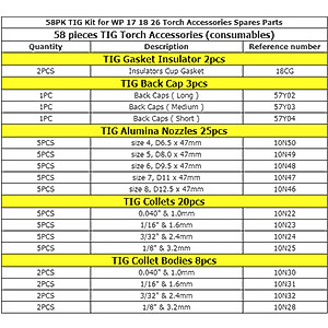 Alffun 58pcs TIG Welding Torches Gas Lens Kit Collet Body Alumina Nozzle Consumables Kit Fit WP-17/18/26 Series TIG Welding Torch Accessories