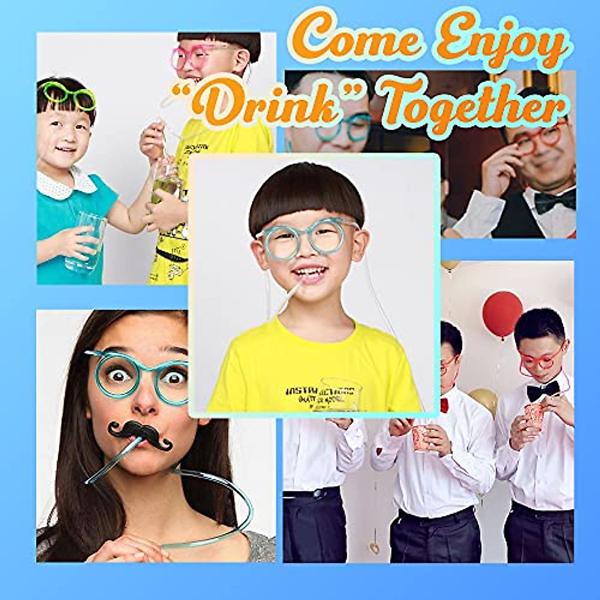 MOTZU 4 Pieces Silly Straws, Novelty Flexible Soft Drink Eyeglasses, Fun Party Drinking Straw Eye Glasses, Crazy Funky Drinking Tube For Party Supplies, Children Kids Birthday (Random Color)