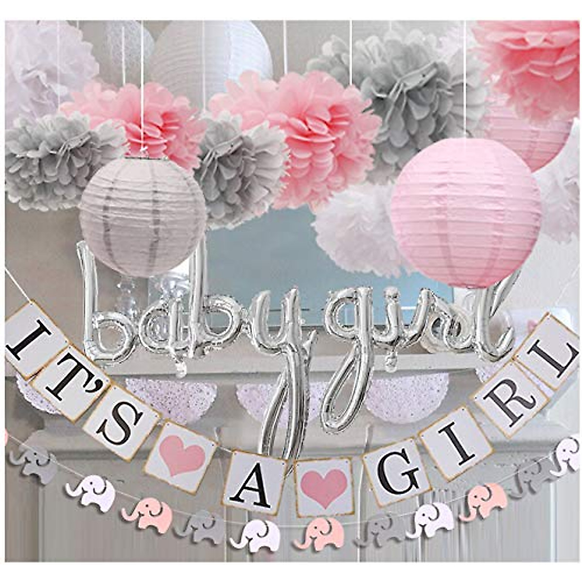 luckylibra Girl Baby Shower Decorations, It is a Girl Banners & Baby Girl Foil Balloons & Elephant Garland & Paper Lantern Paper Flower Pom Poms （Pink White Grey）