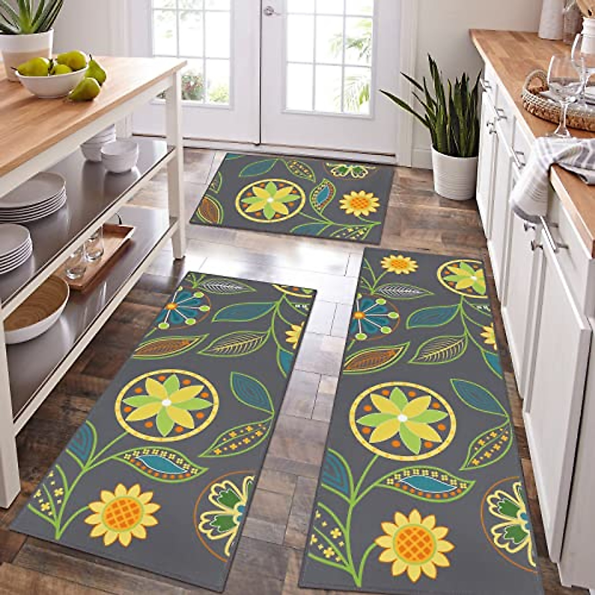HEBE Floral Kitchen Rug Sets 3 Piece with Runner Non Slip Kitchen Rugs and Mats Washable Kitchen Mats for Floor Boho Area Rugs Doormat Carpet for Hallway Entryway Laundry Living Room