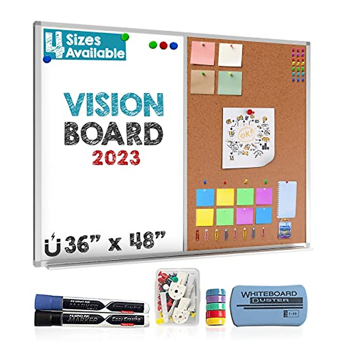 Vision Board 2023: Large 36" x 48" White Board and Cork Board Combo, Magnetic Half Bulletin Corkboard Combination for Office Wall | Memo Board for Notes, Dry Erase Whiteboard | Markers, Eraser, Pins