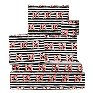 CENTRAL 23 Black and White Wrapping Paper - 6 Sheets of Floral Gift Wrap and Tags - Stripes - 18th Birthday Wrapping Paper for Women Girls Her - Age 18 - Pink - Comes with Fun Stickers
