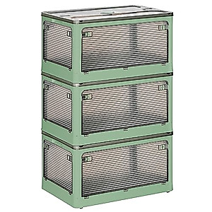 HOOBRO 22.2 Gal Plastic Storage Bins with Lids, Collapsible Storage Bin with Wheels, Folding Storage Box, Stackable Storage Bins with 5 Doors, for Home, Office Organizing, 3-Pack, Green JG84CWP301