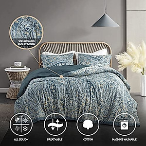 Madison Park Belcourt Sateen Cotton Comforter Set, Breathable, Soft Cover, Trendy, All Season Down Alternative Cozy Bedding with Matching Shams, King/ Cal King, Blue 3 Piece