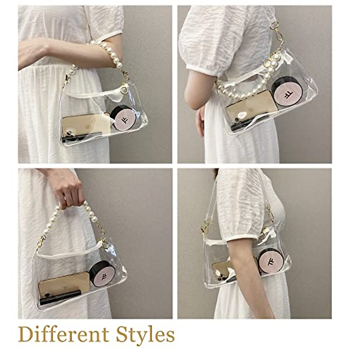 Sintra Clear Purse for Women, Clear Cute Hobo Tote Handbag Mini Clutch Bag with Pearl chain Stadium Approved for Concerts, See Through Transparent Bag, Gift for Women