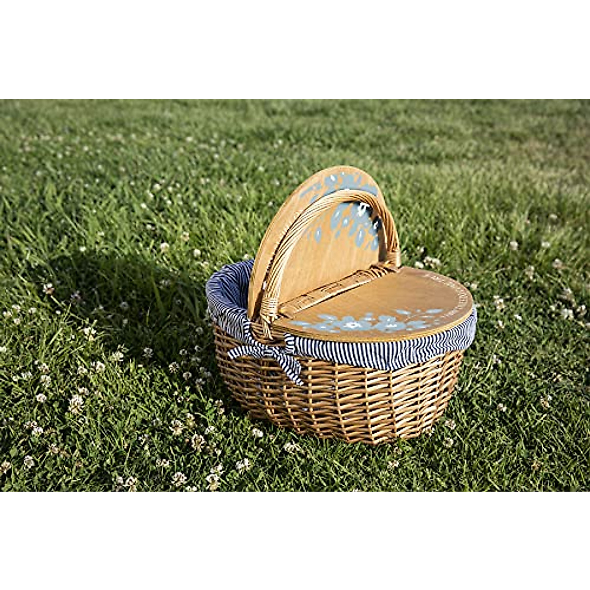 PICNIC TIME - Disney Cinderella Country Vintage Picnic Basket with Lid - Wicker Picnic Basket for 2, (Navy Blue & White Stripe)