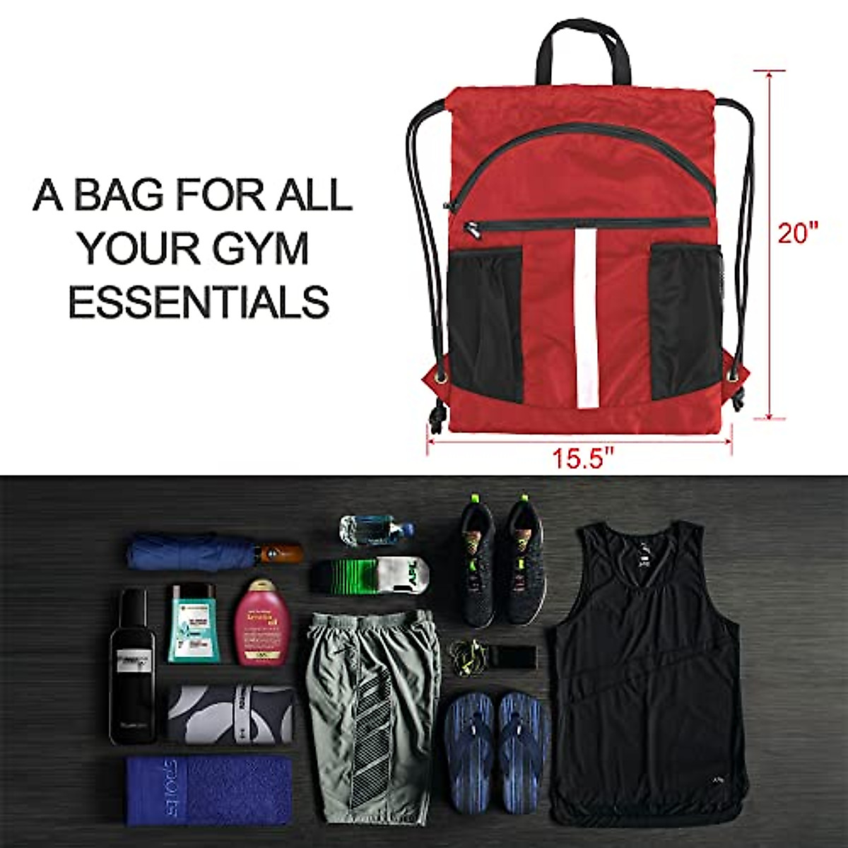 BeeGreen Red Drawstring Backpack Bag w Water Bottle Pockets Large String Workout Bag Sackpack w Zipper Pockets Shoe Compartment Swim Sports Cinch Bag for Gym Yoga