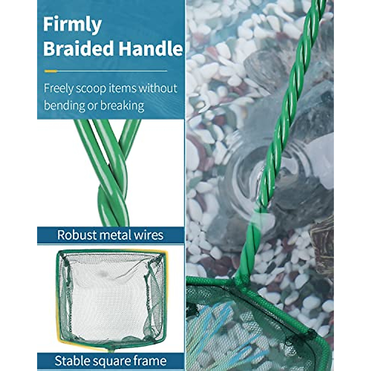 Pawfly 4 Inch Aquarium Fish Net with Braided Metal Handle Small Square Net with Soft Fine Mesh Sludge Food Residue Wastes Skimming Cleaning Net for Fish Tanks Small Koi Ponds and Pools