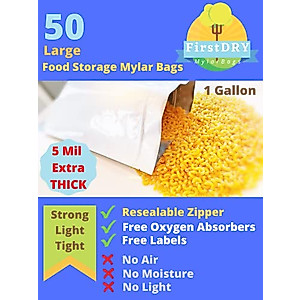 50 x FirstDRY 1 Gallon Mylar Bags - Extra Thick 10 Mil (5 Mil each side), 55 x 400cc Oxygen Absorbers , 50 x Labels - Airtight Vacuum Heat Sealable or Zipper Resealable, Food Safe, Reliable Long Term Food Storage Solution - Aluminum