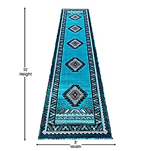 Flash Furniture Ventana Collection Southwestern Accent Rug - Low Pile Turquoise Olefin Rug - 2 x 10 Area Rug - Jute Backing - Hallway, Entryway, Bedroom, Living Room