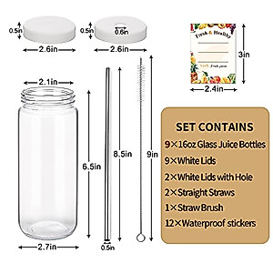 Moretoes 9 Pack 16oz Glass Juice Bottles with Lids Reusable Glass Beverages Drinking Jars with Tamper-proof White Caps for Travel Milk Water Tea Honey Kombucha Smoothie Boba